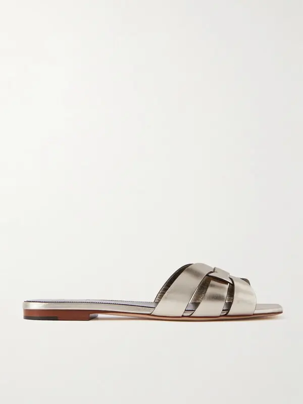 Saint Laurent Tribute Woven Metallic Leather Slides - Silver