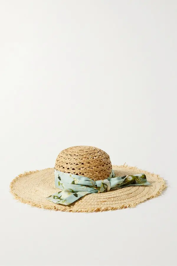 Erdem Floral-print Cotton-trimmed Raffia Sunhat - Neutrals