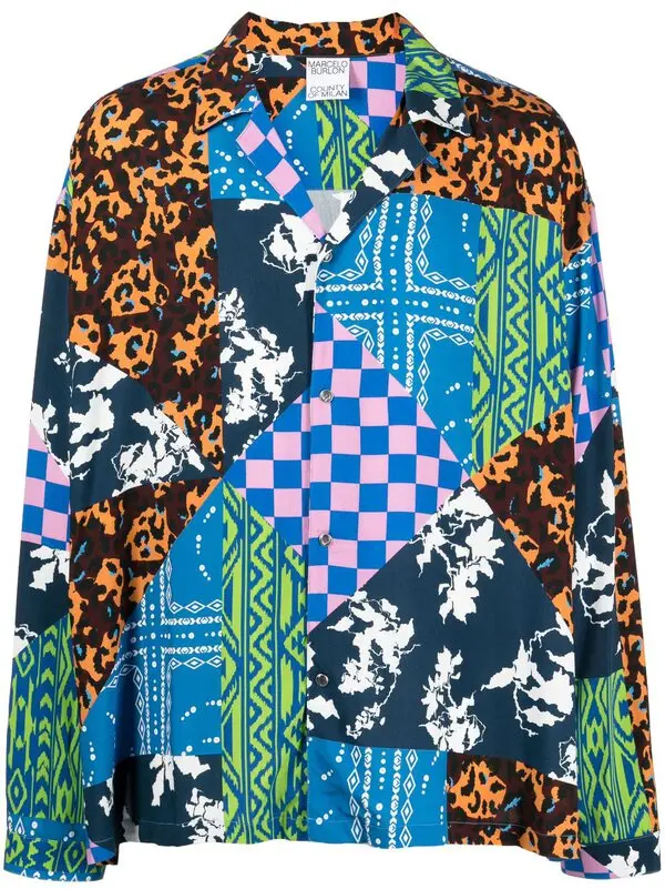 COUNTY OF MILAN Mix-print Camp Collar Shirt - Blue