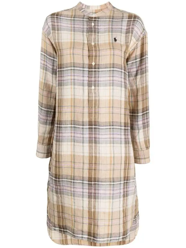 knee length dresses for ladies No.40 V Neckline Linen Day Dress in Stirling Plaid