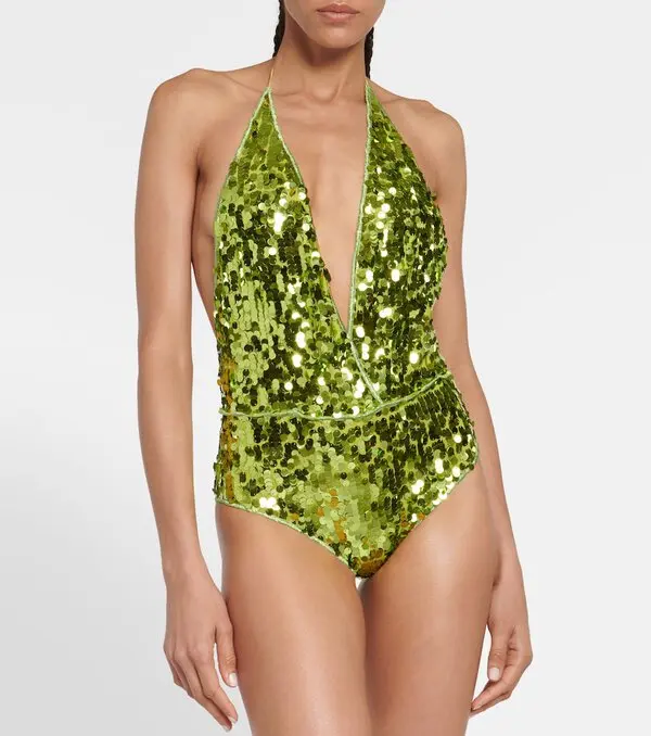 Oseree Sequined Halterneck Swimsuit - Green