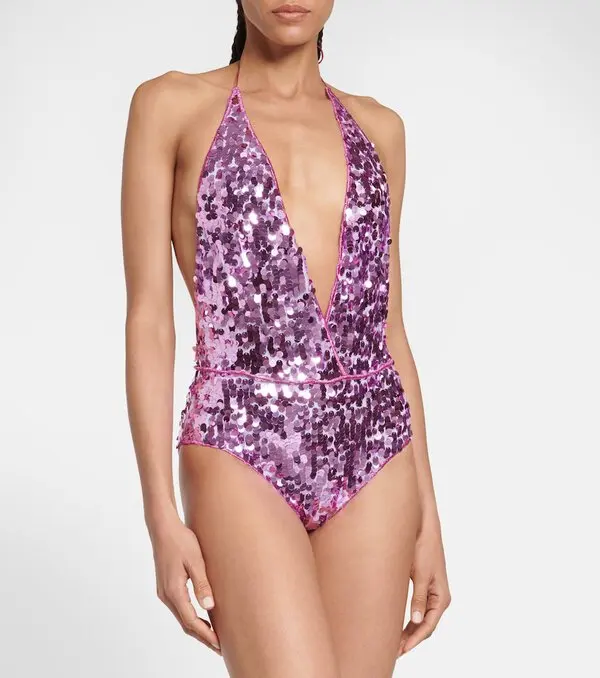Oseree Sequined Halterneck Swimsuit - Purple