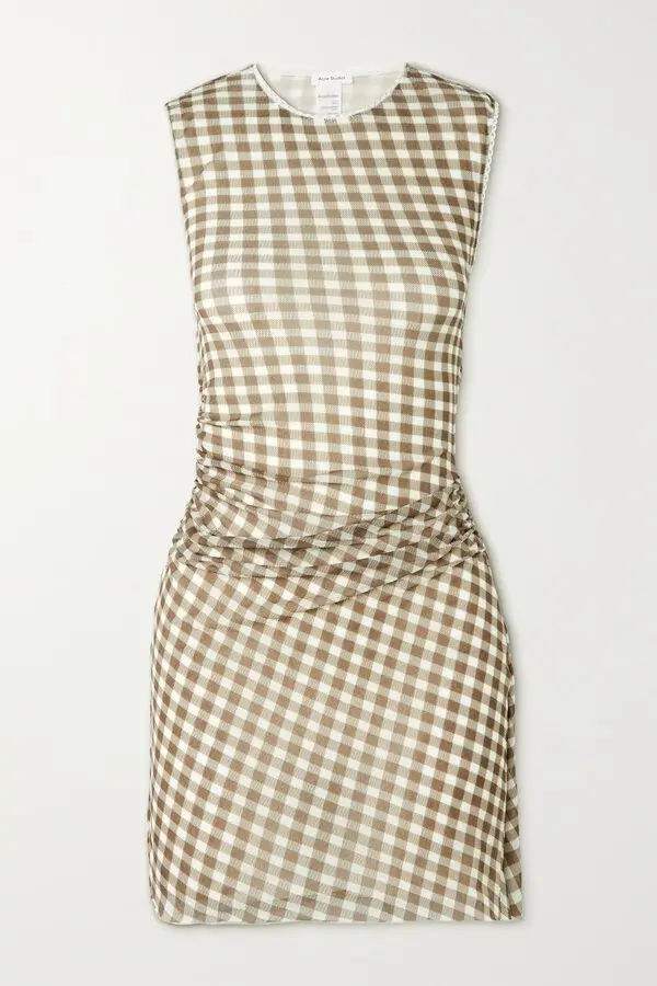Acne Studios Etwina Ruched Gingham Stretch-knit Mini Dress
