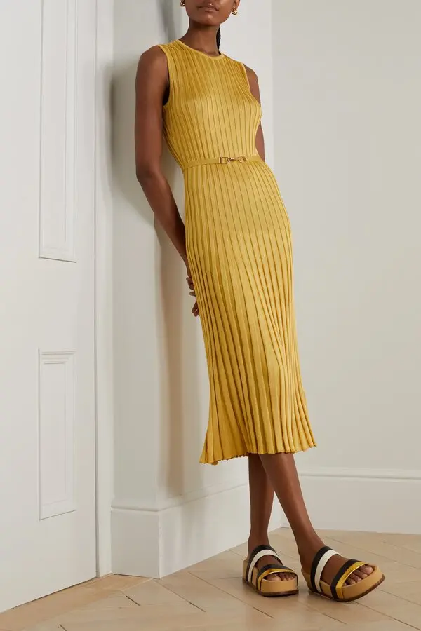 Gabriela Hearst Meier Belted Ribbed Silk Midi Dress In Gold - 40% Off