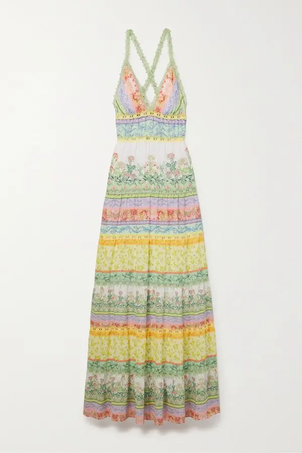 Alice + Olivia Karolina Tiered Lace-Trimmed Floral-Print Crepe Maxi Dress  In Green - 50% Off | Editorialist