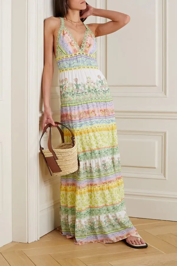 Alice + Olivia Karolina Tiered Lace-Trimmed Floral-Print Crepe Maxi Dress  In Green - 50% Off | Editorialist