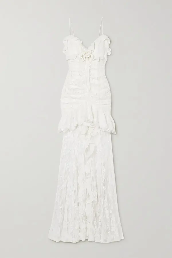Alessandra Rich Embellished Ruffled Cotton-blend Lace Gown