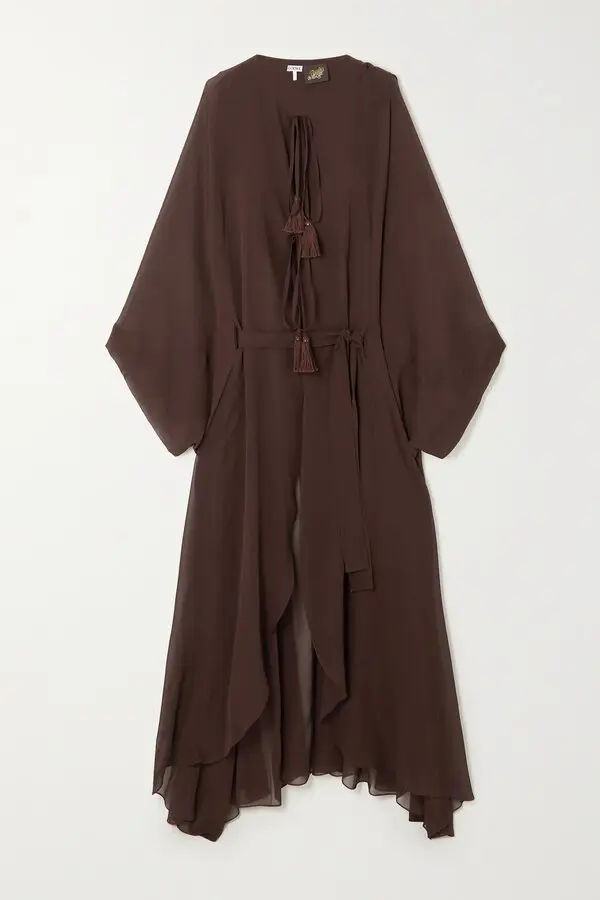 Loewe Paula's Ibiza Belted Tasseled Silk-georgette Maxi Dress - Brown
