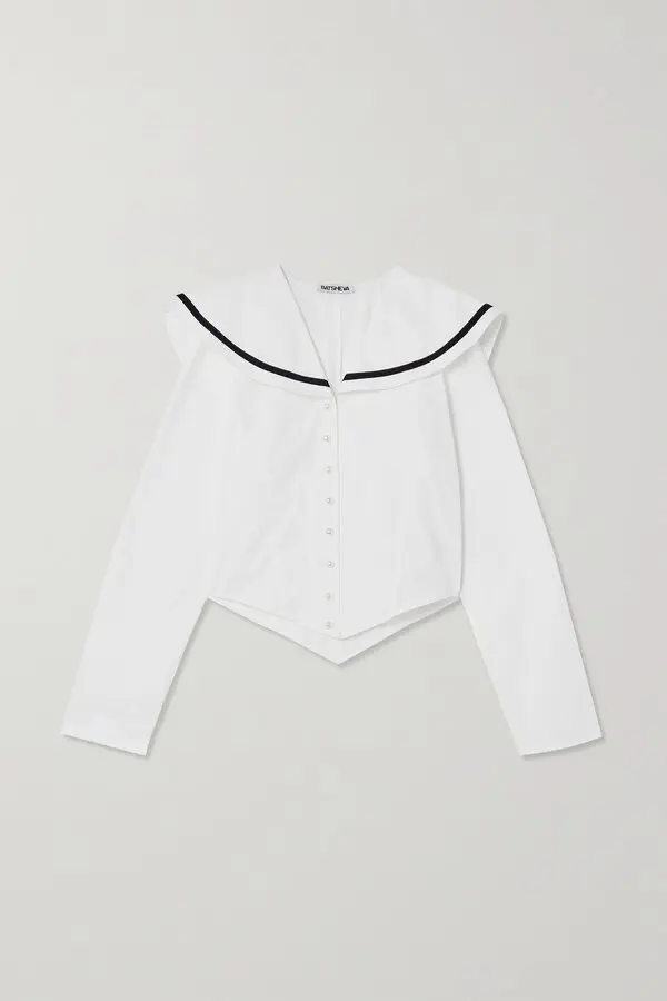 Batsheva Skipper Velvet-trimmed Cotton-poplin Blouse