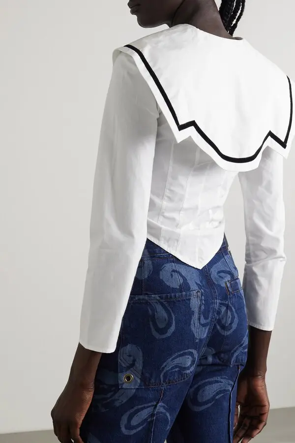 Batsheva Skipper Velvet-trimmed Cotton-poplin Blouse