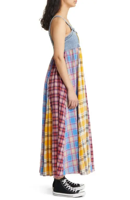 DRESSED IN LALA Mixed Media Plaid & Denim Sundress