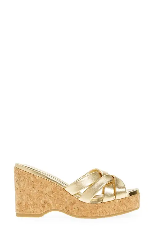 JIMMY CHOO Metallic Leather Wedge Slide Sandal