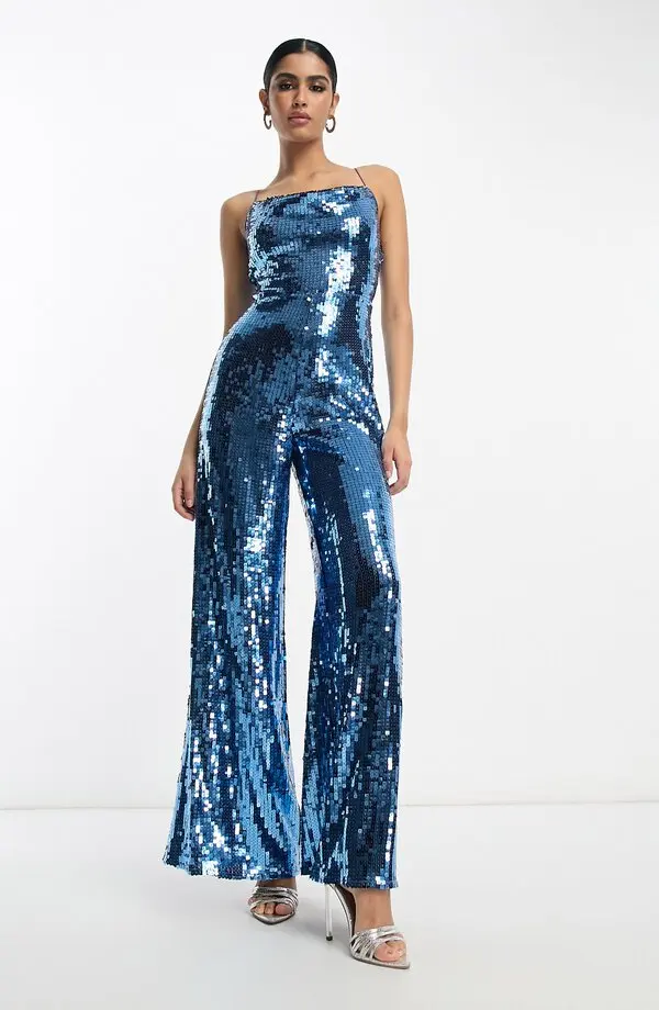 Asos Sequin Cowl Neck Wide Leg Jumpsuit In Medium Blue 20% Off