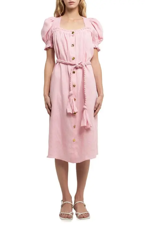 English Factory Puff Sleeve Linen Midi Dress - Pink