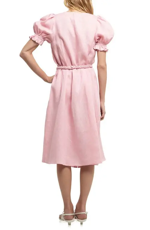 English Factory Puff Sleeve Linen Midi Dress