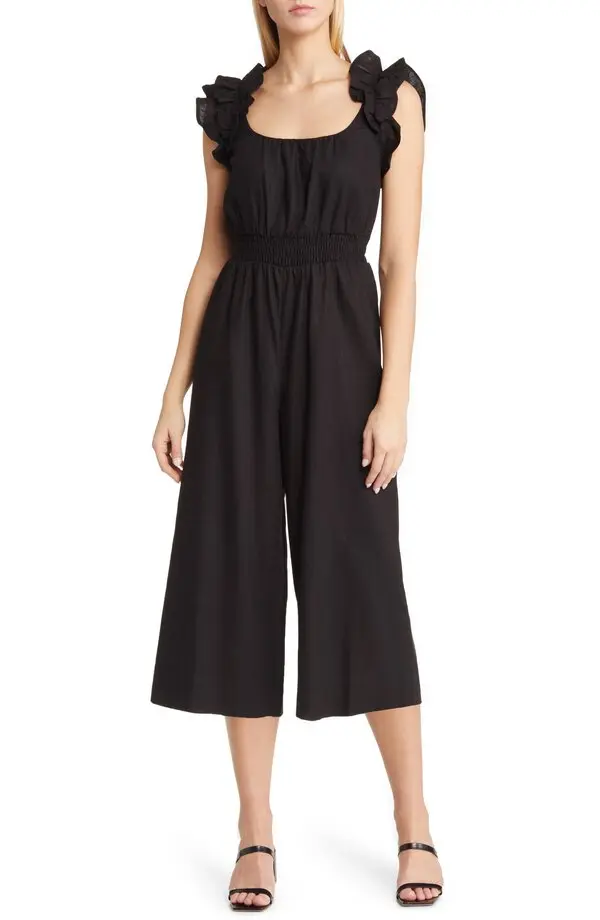 Vince Camuto Ruffle Shoulder Linen Blend Crop Jumpsuit In Black