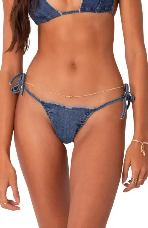 EDIKTED Didi Distressed Denim Side Tie Bikini Bottoms - Blue