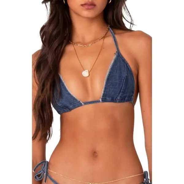 EDIKTED Didi Distressed Denim Triangle Bikini Top - Denim-blue