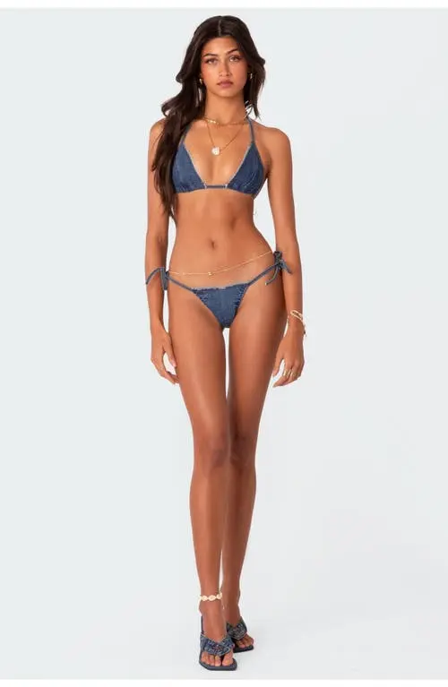 EDIKTED Didi Distressed Denim Triangle Bikini Top