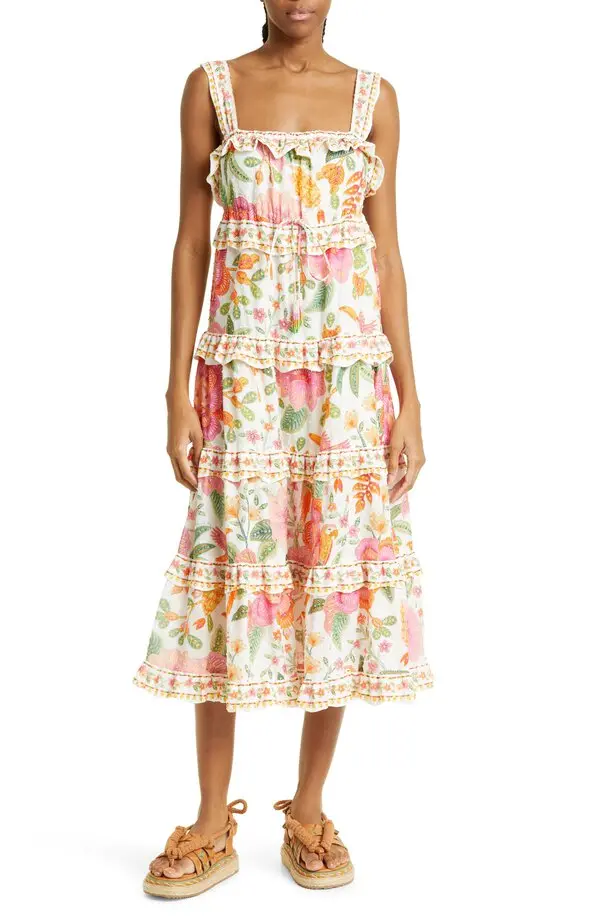 Farm Rio Macaw Bloom Ruffle Tiered Sundress In Macaw Bloom Off-Whit - 63%  Off | Editorialist
