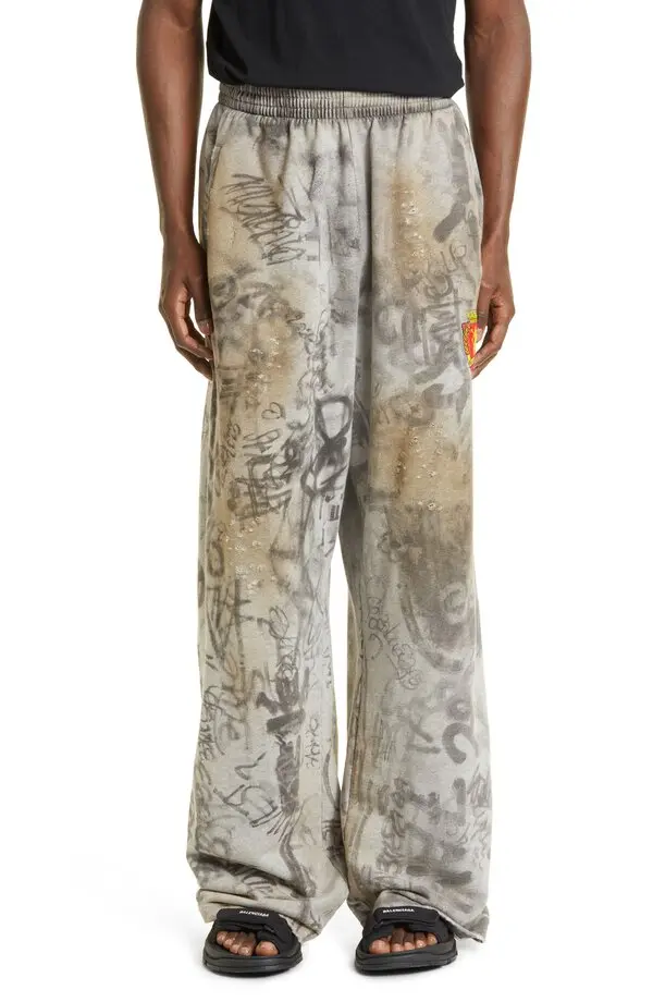 Balenciaga Skater Graffiti Dirty Effect Cotton Fleece Pants