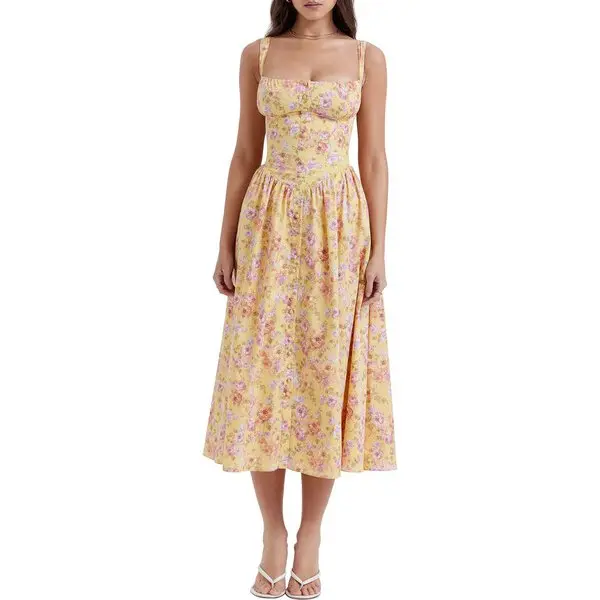 tatiana corset dress house of cb Midi - Butter Print Size:US7 cgw5087 Charcoal Suit Brown midi House of CB cotton