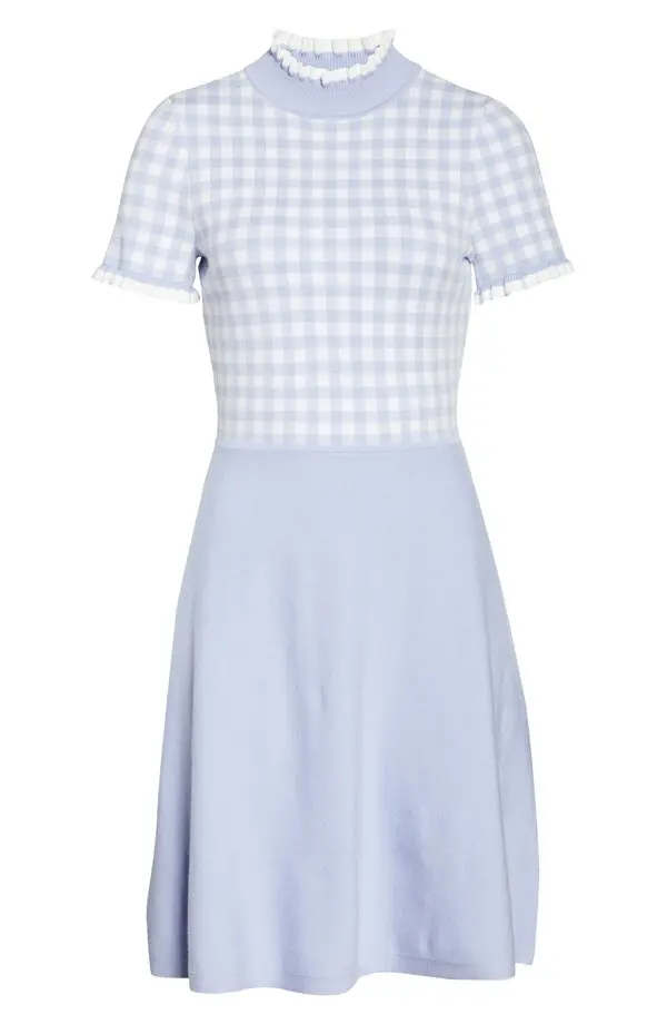 1901 Ruffle Neck Sweater Dress In Blue Gingham - 41% Off | Editorialist