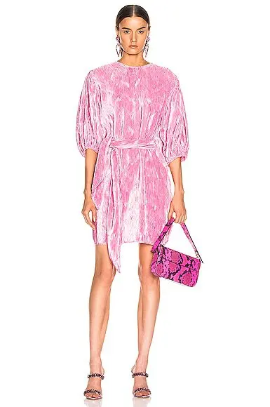 GANNI Pleated Satin Dress In Pink