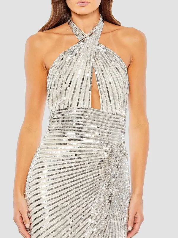Mac Duggal Sequined Halterneck Gown - Silver