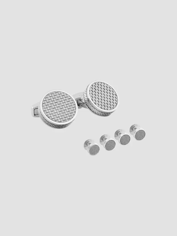 Tateossian Round Patterned Carbon Fiber Stud Set - Grey
