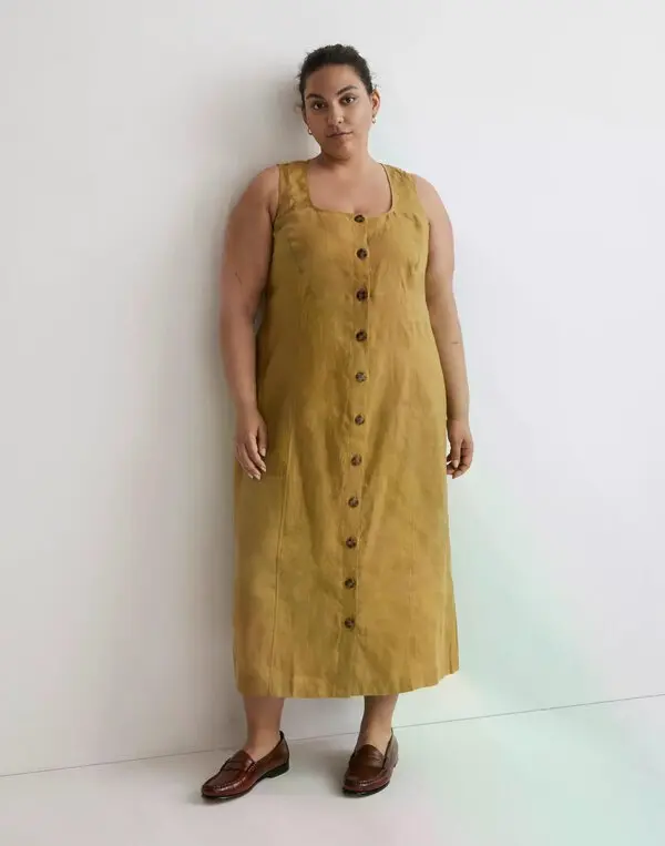 Plus 100% Linen Button-front Midi Dress - Citrus Lime