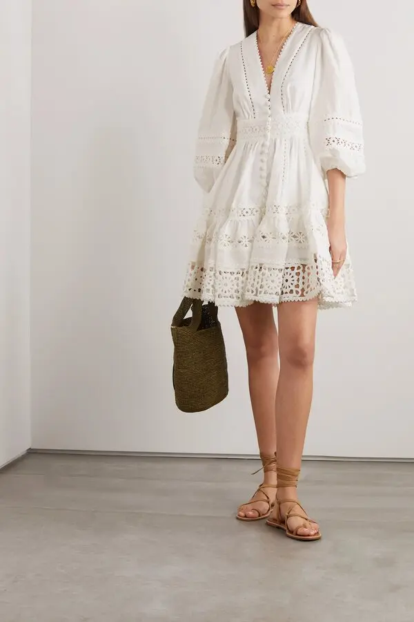 Zimmermann Devi Embroidered Paneled Linen Mini Dress In Ivory - 30% Off |  Editorialist