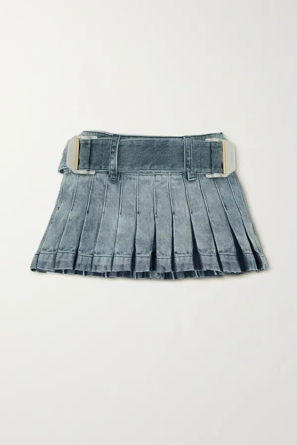DION LEE Belted Pleated Denim Mini Skirt