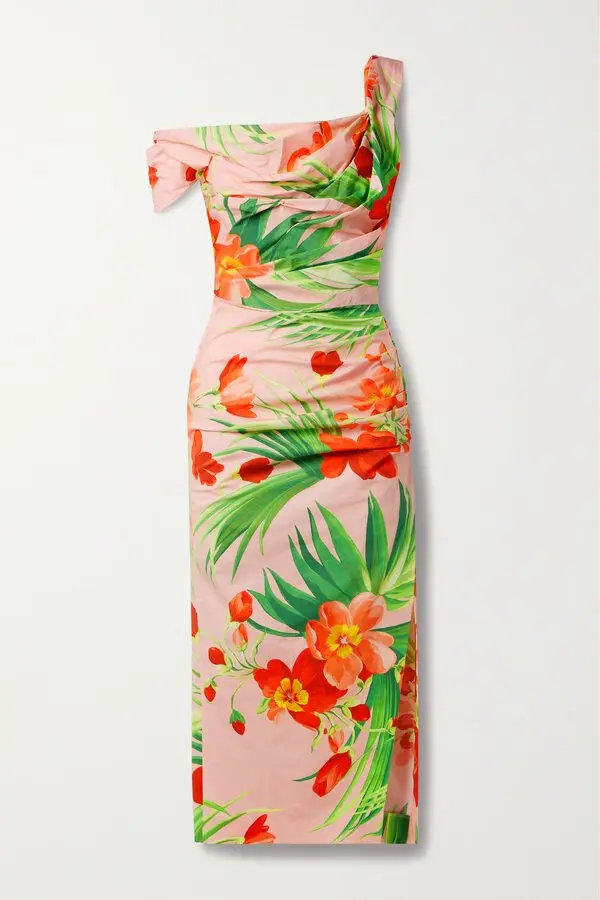 Carolina Herrera One-shoulder Draped Printed Stretch-cotton Poplin Midi Dress - Pink