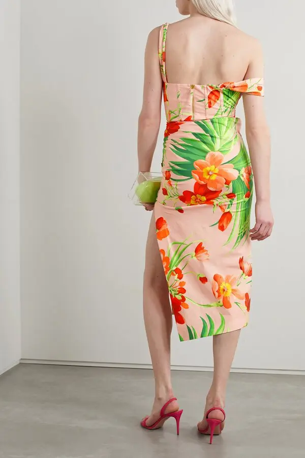 Carolina Herrera One-shoulder Draped Floral Midi Dress
