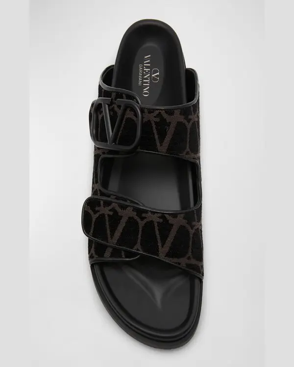 Valentino Garavani V-Logo Textile Slide Sandals - Brown/Black