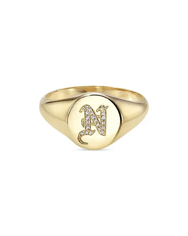 ZOE LEV 14k Yellow Gold Diamond Gothic Initial Signet Ring - N
