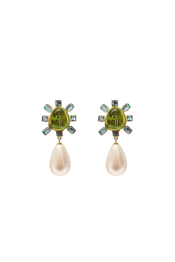 KENNETH JAY LANE Cabochon Center Pearl Drop Clip-on Earrings - Aqua