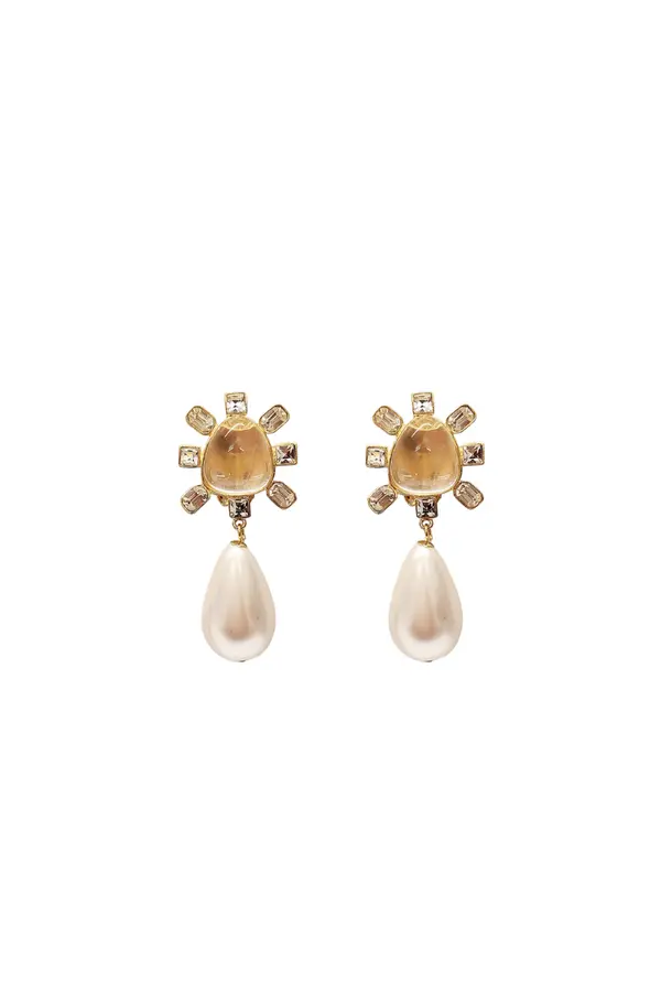 KENNETH JAY LANE Crystal Cabochon Pearl Drop Clip Earrings - Natural