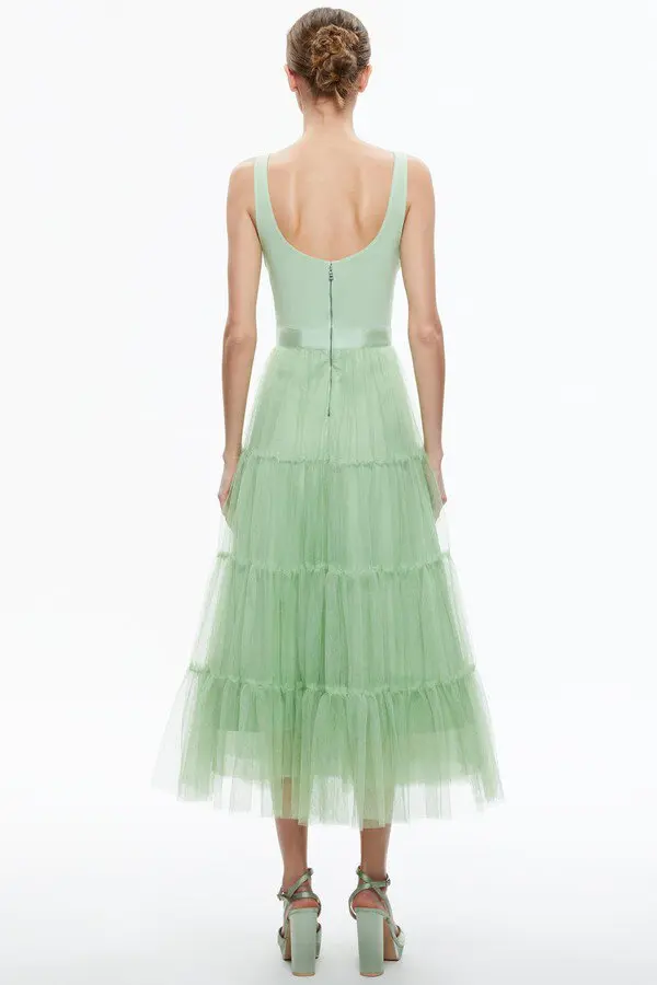 Alice + Olivia Chara Tulle Scoop Neck Midi Dress In Green - 60% Off |  Editorialist