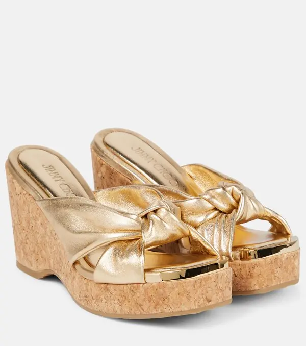 JIMMY CHOO Avenue Metallic Leather Wedge Sandals - Gold