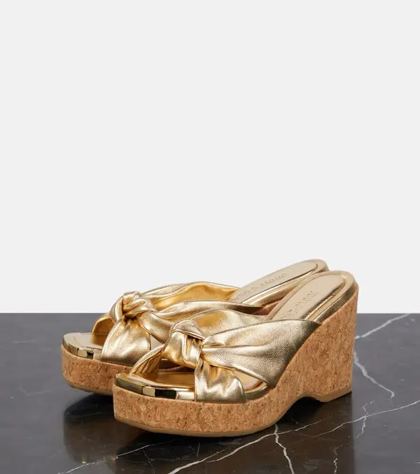 JIMMY CHOO Avenue Metallic Leather Wedge Sandals - Gold