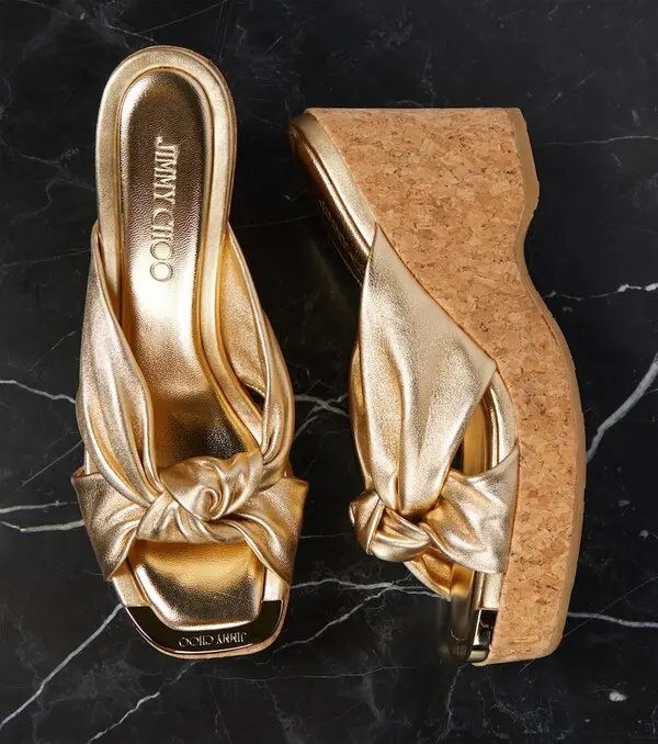 JIMMY CHOO Avenue Metallic Leather Wedge Sandals - Gold