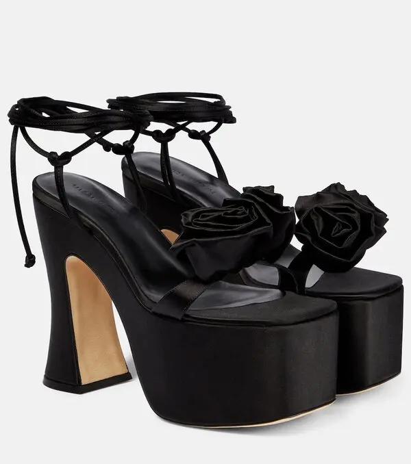 Magda Butrym Satin Platform Sandals With Ankle Strap And Flower Appliqu - Black