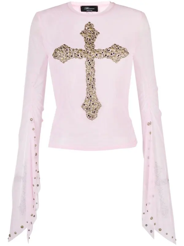 Blumarine Tulle Studded Cross T-Shirt - Pink | Editorialist