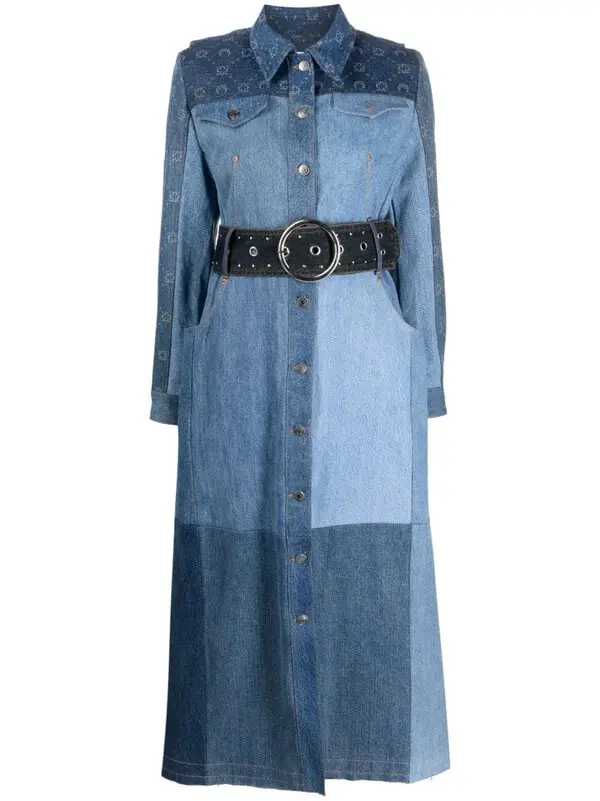 MARINE SERRE Belted Panelled Denim Coat