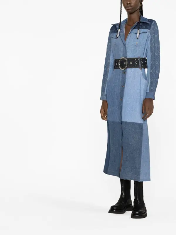 MARINE SERRE Belted Panelled Denim Coat