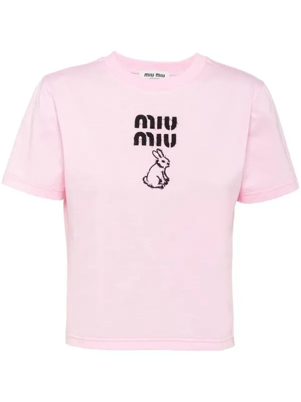 Miu Miu Embroidered-Logo Cotton T-Shirt - F0028 Pink | Editorialist 