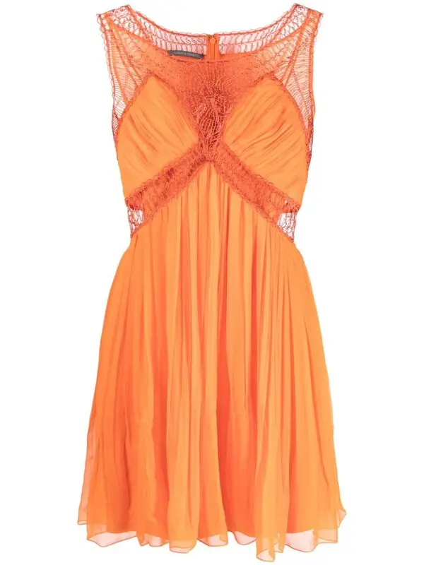 Alberta Ferretti Chiffon Pleated Silk Minidress - Orange