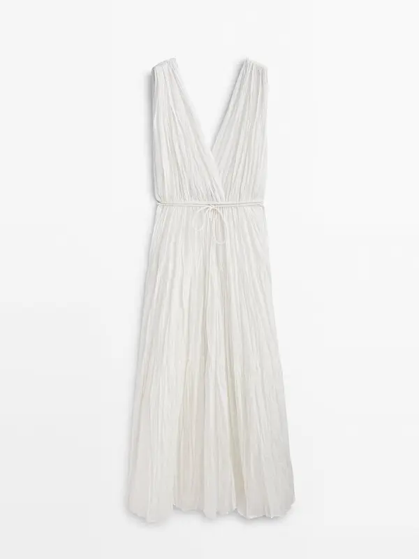 white pleated dress h&m Massimo Dutti Pleated Dress With Drawstring In White - 49% Off